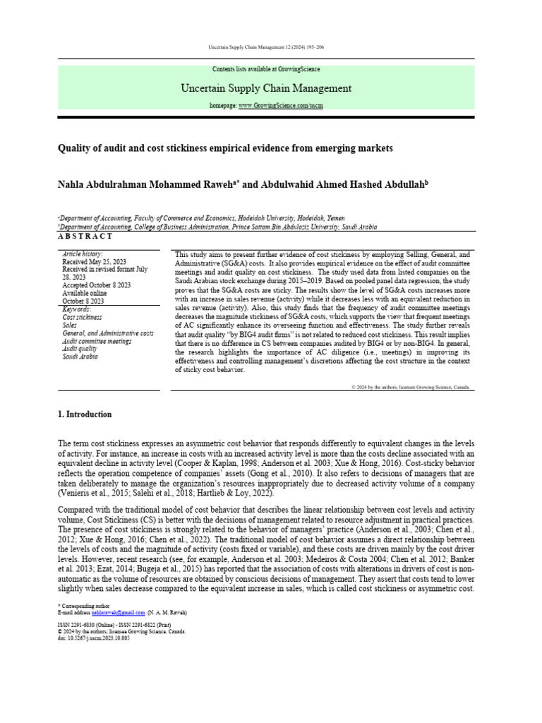 Quality of Audit and Cost Stickiness Empirical Evidence From Emerging ...