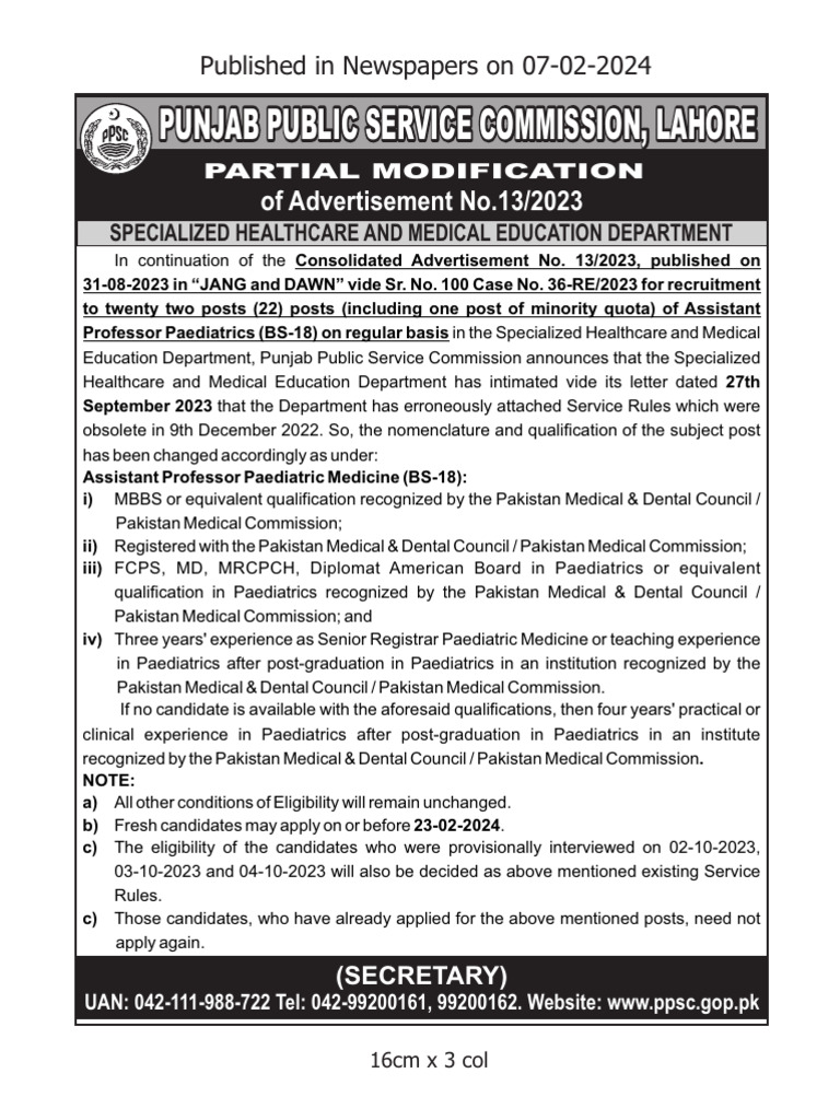 Partial Modification of Advertisement No.13-2023 a.P Paediatric ...