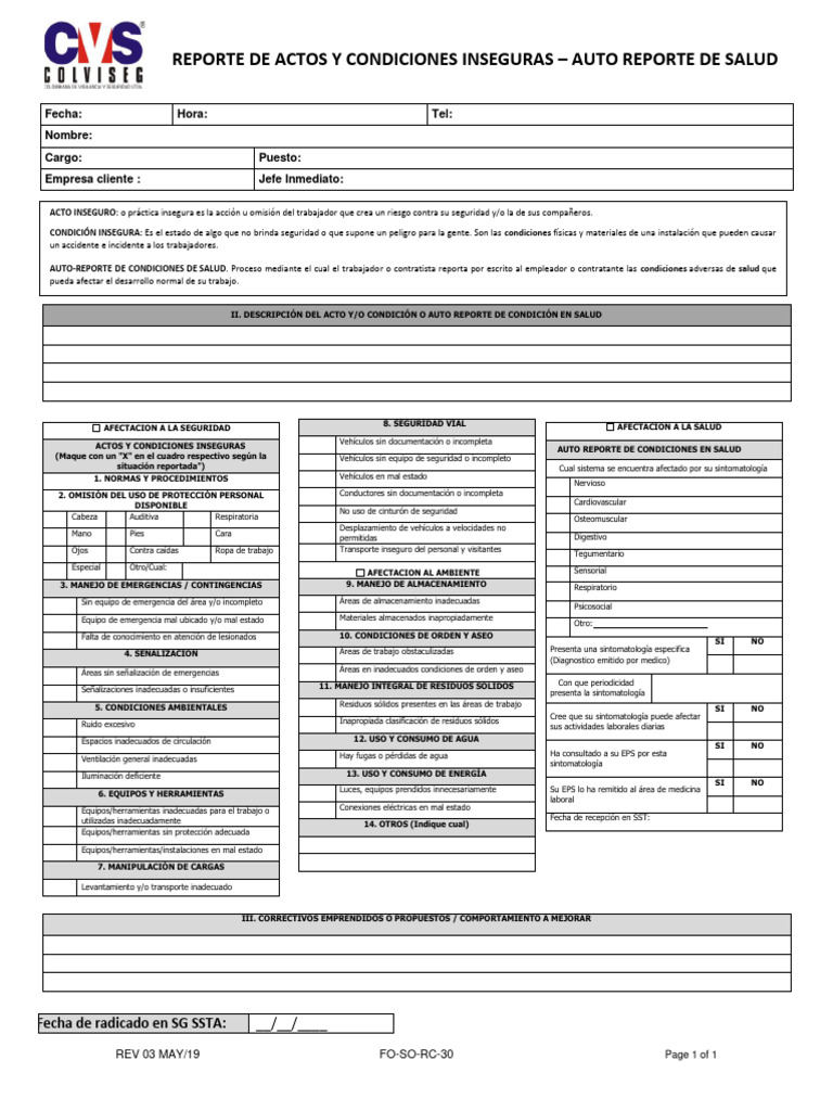 F0-So-Rc-30 Reporte de Condicion Insegura o Acto Inseguro V03 | PDF ...