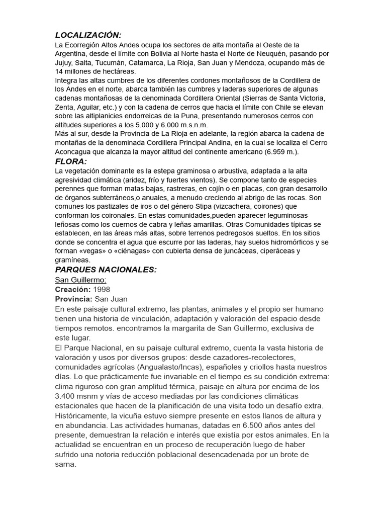 Ecorregión Altos Andes: Flora y Parques Nacionales | PDF | Andes ...
