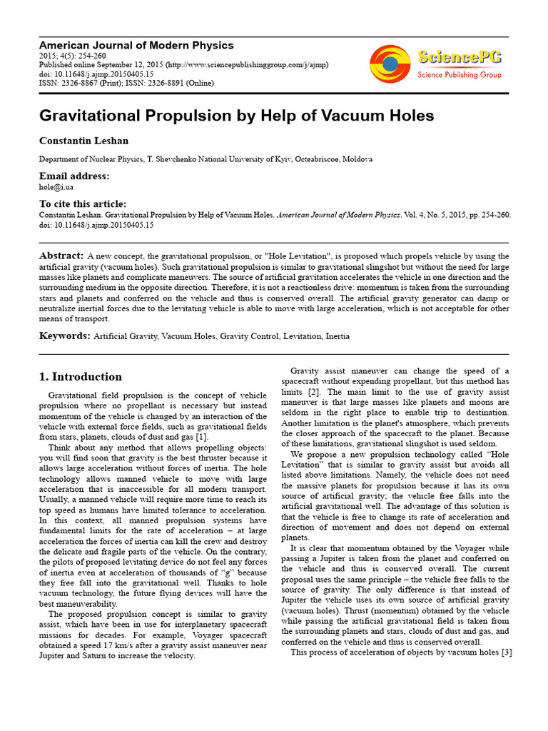 Gravitational Propulsion By Help Of Vacuum Holes Pdf Gravity Spacecraft Propulsion