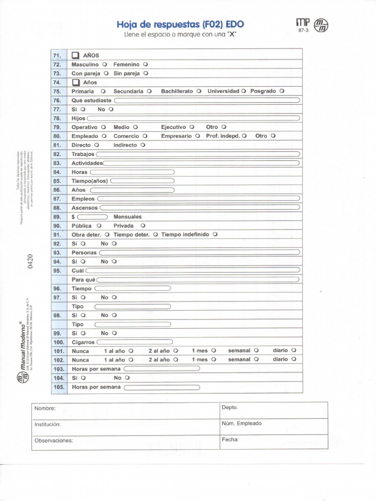 Hoja de Respuestas (F02) EDO: Nombre: Depto | PDF