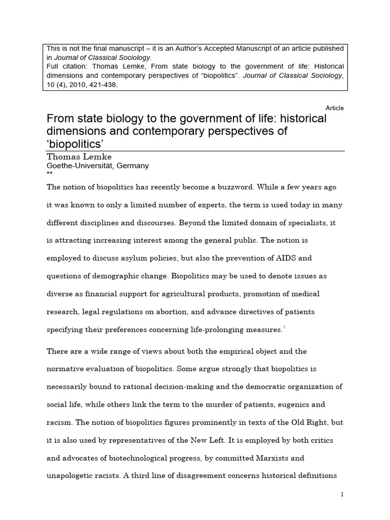 Biopolitics: Historical Perspectives Explained | PDF | Concept | Michel ...