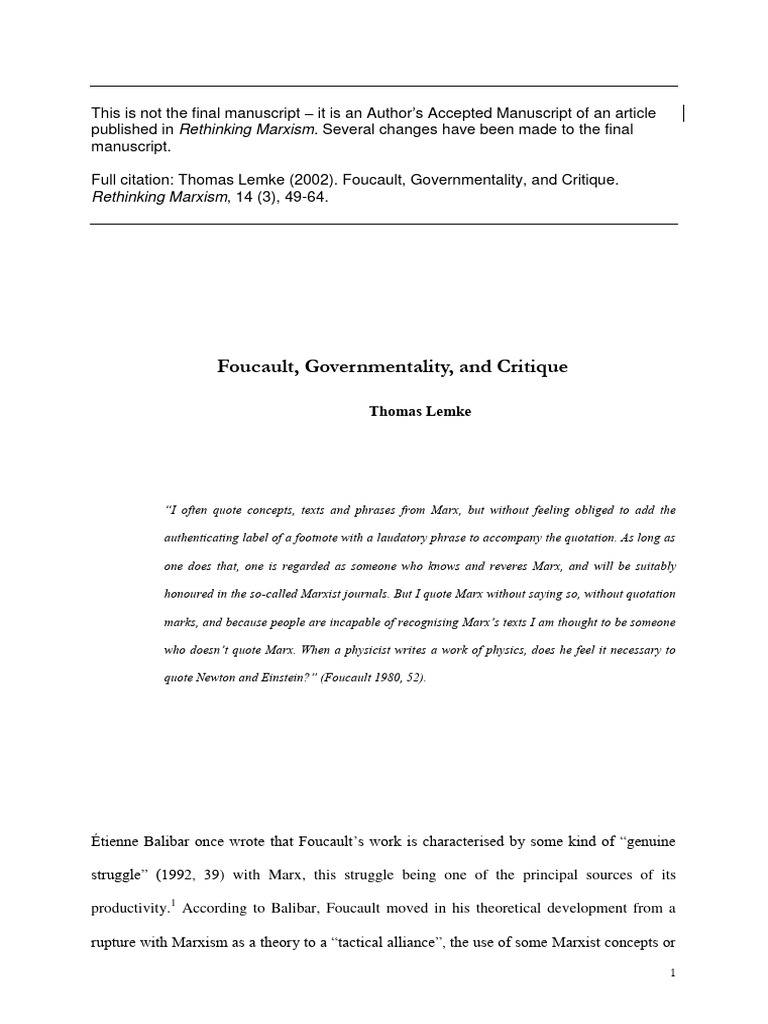 Foucault Governmentality and Critique | PDF | Michel Foucault | Rationality