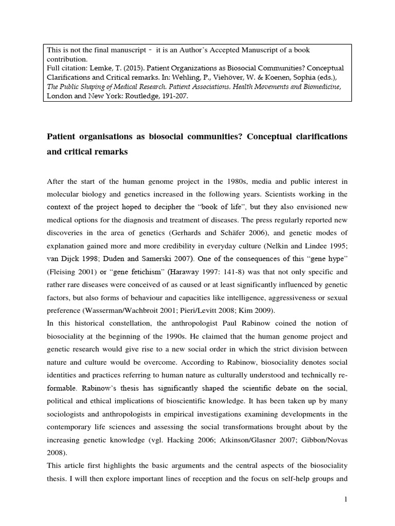 Patient Organizations As Biosocial Commu | PDF | Disability | Science