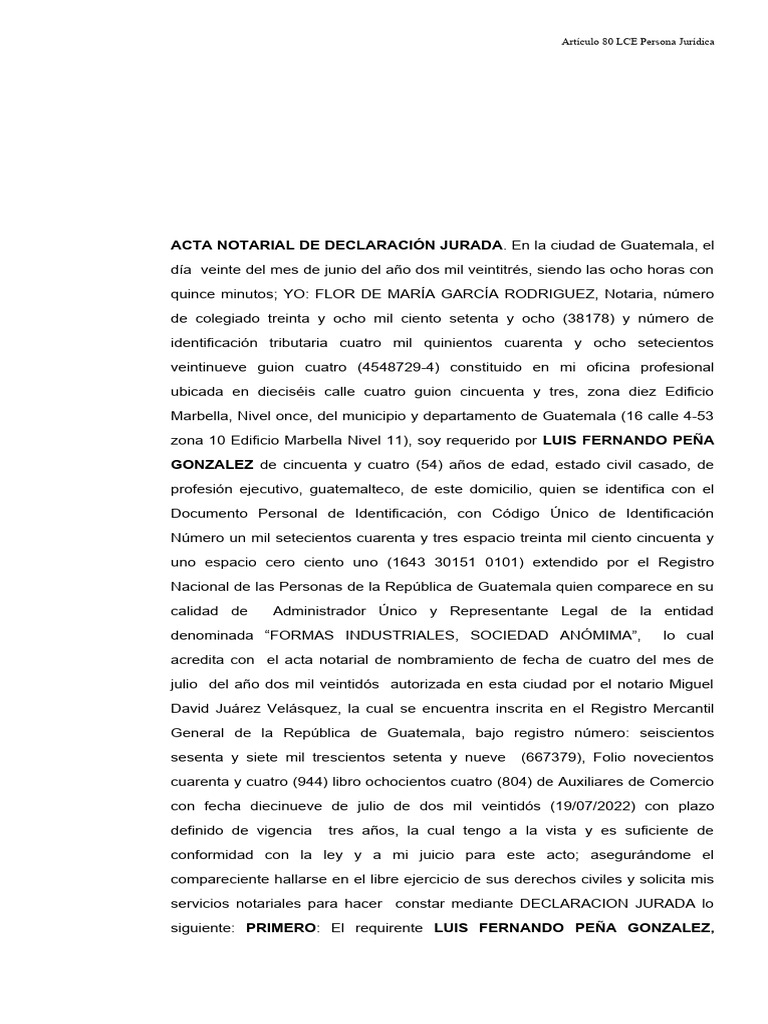 Acta-2-Persona-Juridica-Declaracin-Jurada-Art-80 Actualizada | PDF | Guatemala | Justicia