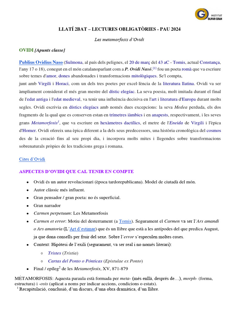 Apunts - Lectures Obligatòries - Ovidi - Pau - 2024 | PDF