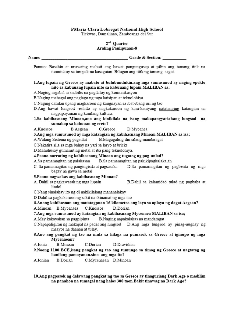 2nd Summative Test (Grade 8) | PDF