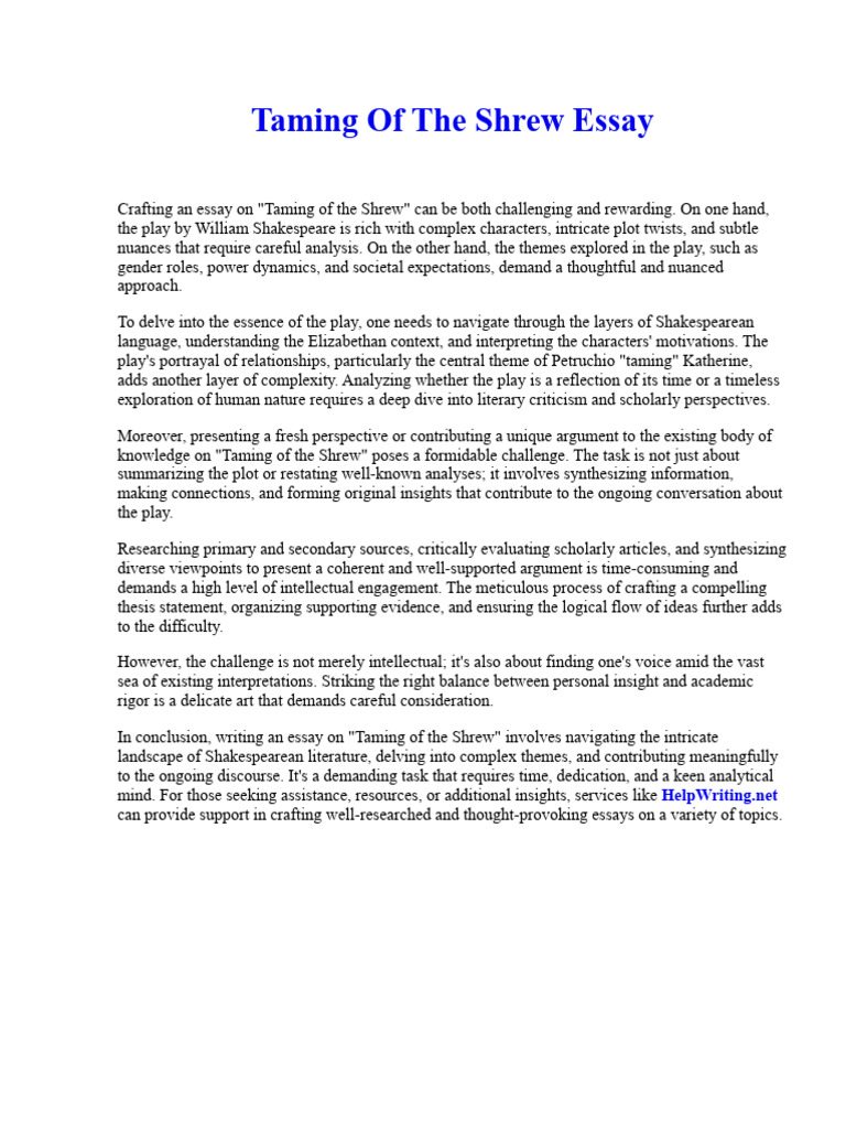 Taming of The Shrew Essay | PDF | The Taming Of The Shrew | Essays