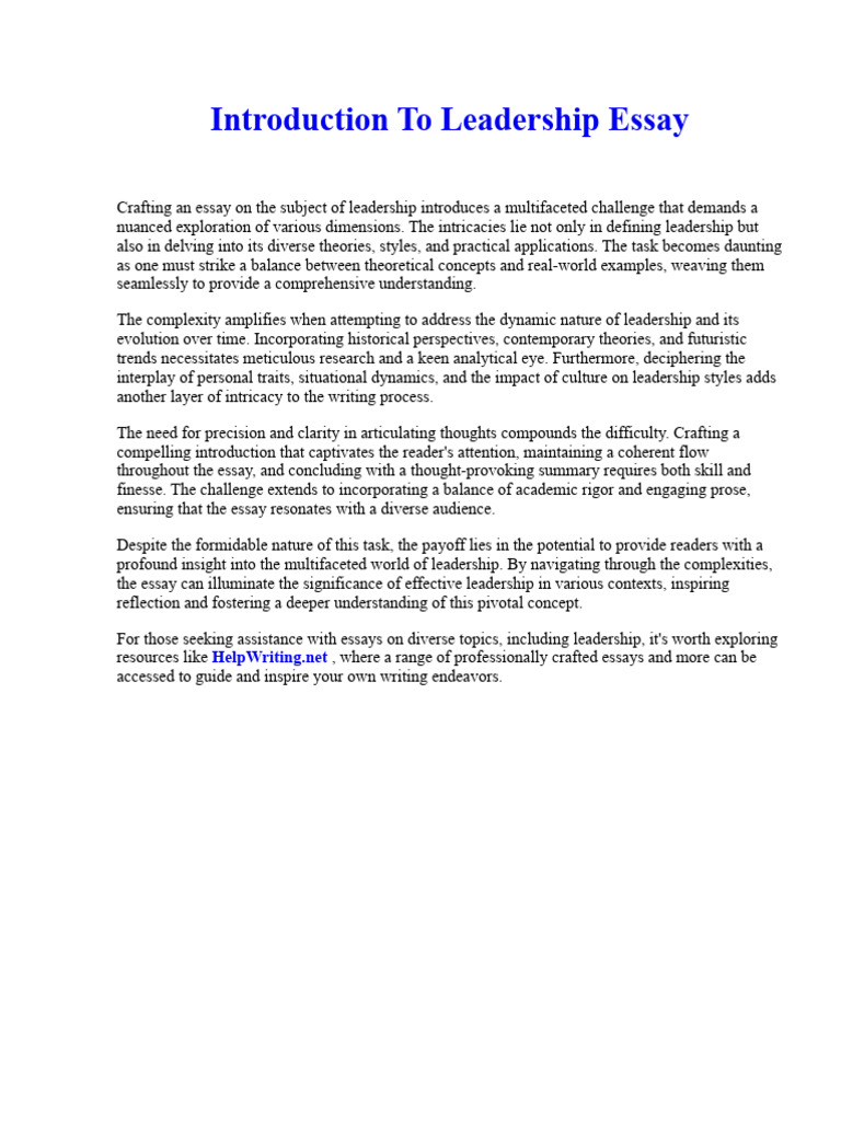 Introduction To Leadership Essay | Download Free PDF | Essays | Leadership