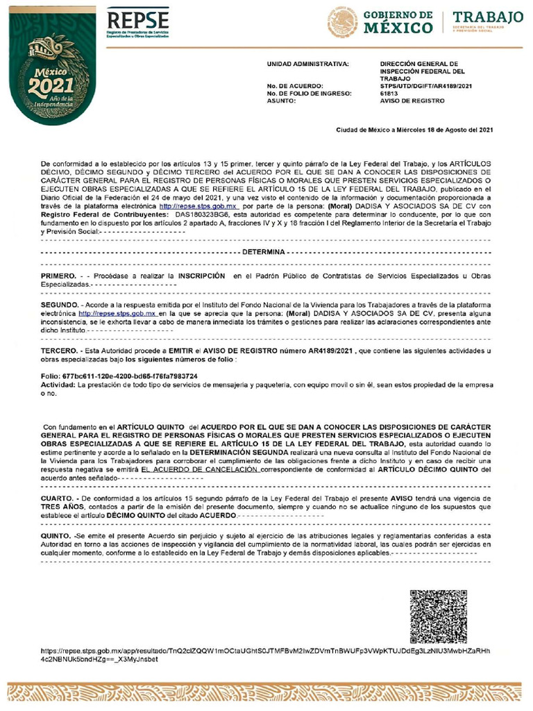 Acuse de Registro en El REPSE | PDF