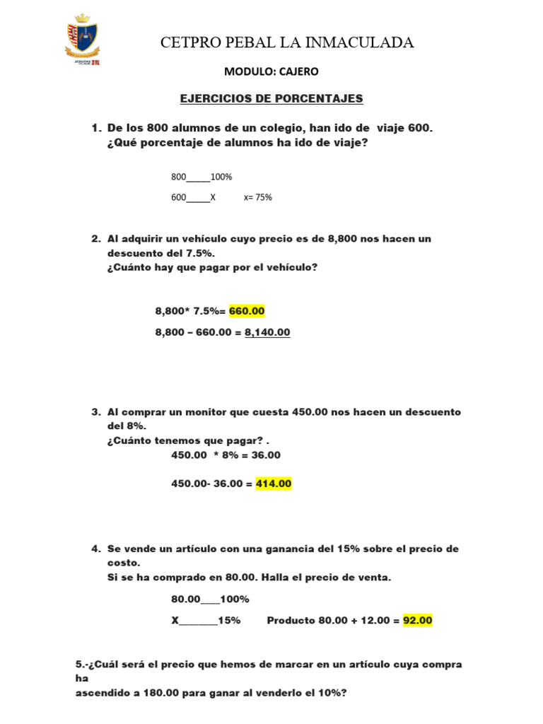 Ejercicios de Porcentajes | PDF