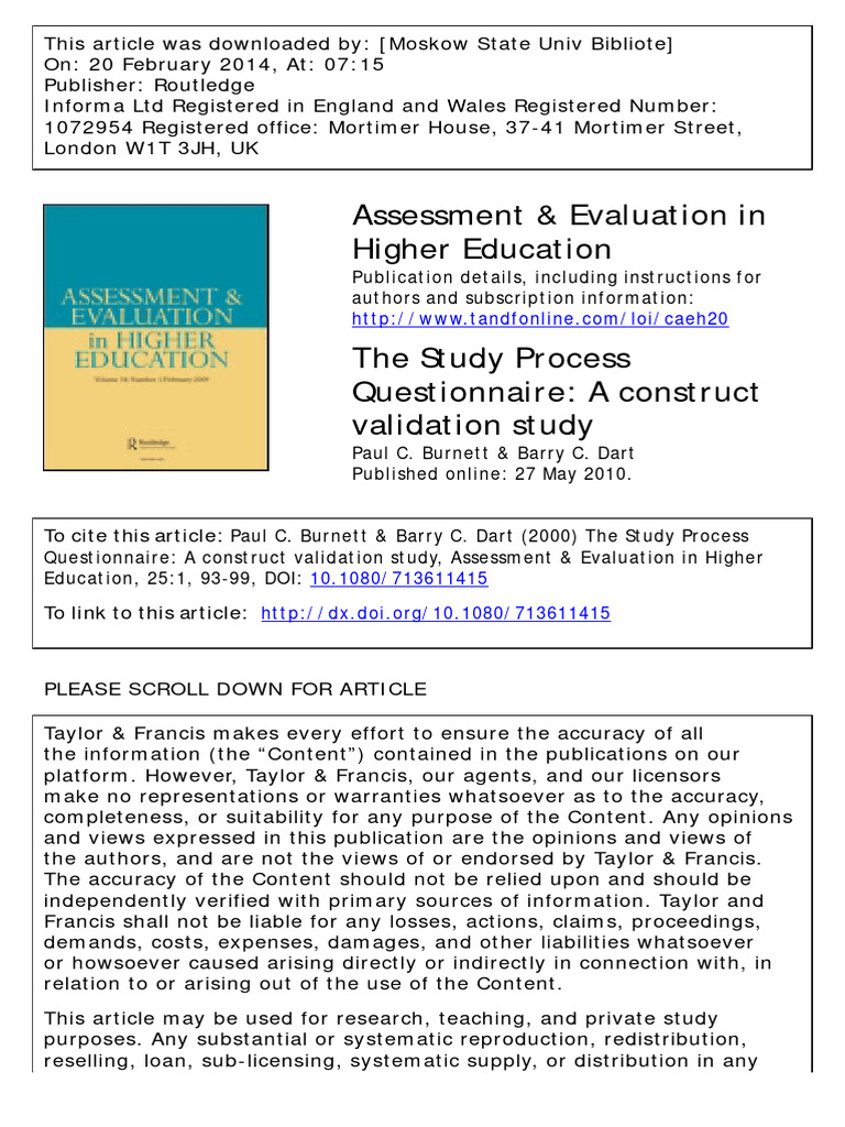 Burnett - The Study Process Questionnaire - A Construct Validation Study | PDF | Factor Analysis ...