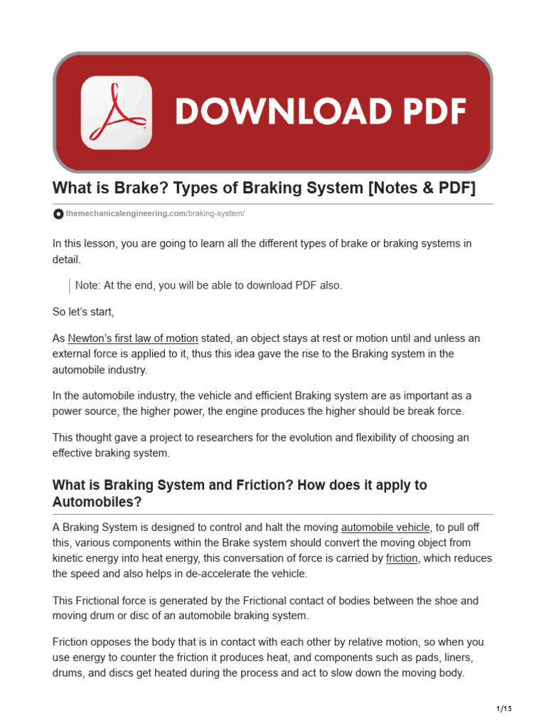 What Is Brake Types of Braking System Notes PDF | PDF | Brake ...
