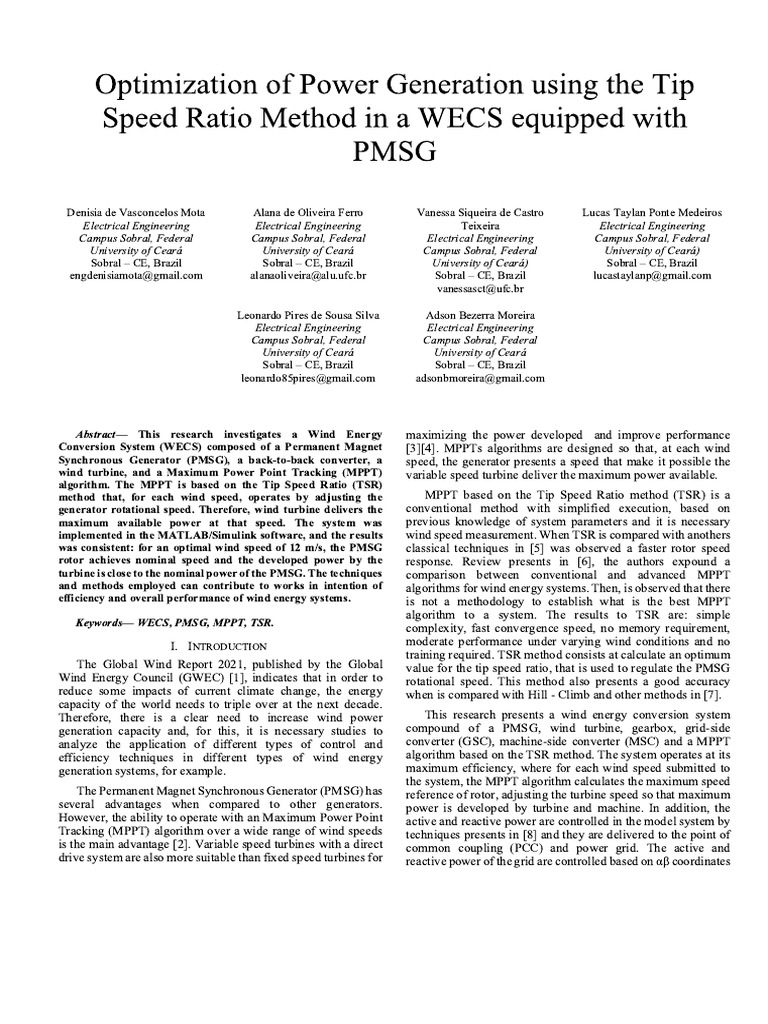 Optimization Of Power Generation Using The Tip Speed Ratio Method In A Wecs Equipped With Pmsg Pdf