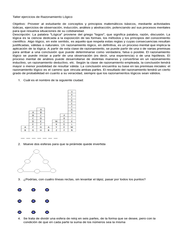 Taller Ejercicios de Razonamiento Lógico | PDF | Razonamiento inductivo | Lógica