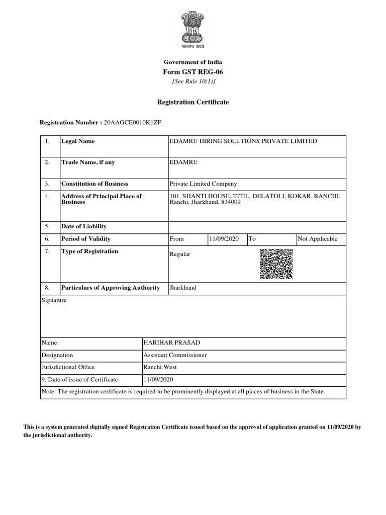 EDAMRU GSTIN Registration Certificate | PDF | Justice | Crime & Violence