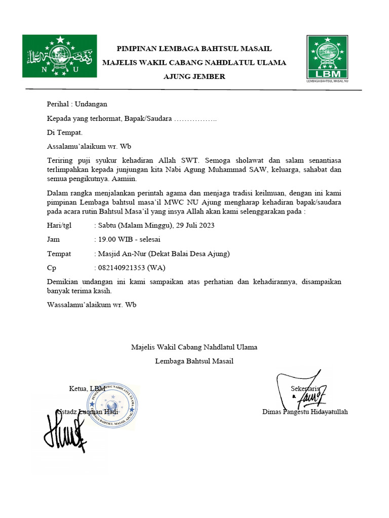 Undangan Bahtsul Masail MWC | PDF