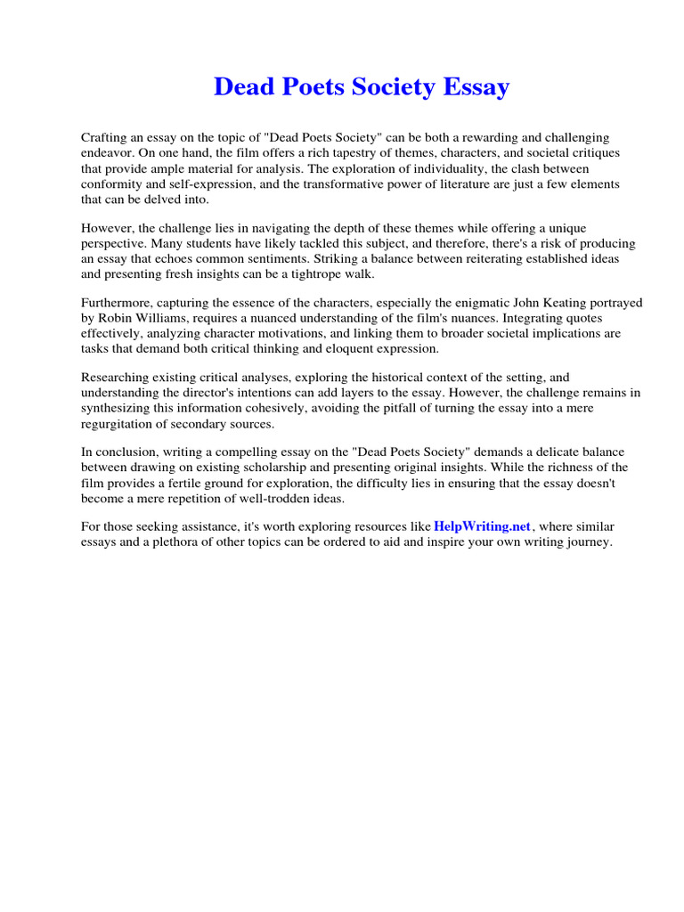 Dead Poets Society Essay | Download Free PDF | Essays | Critical Thinking
