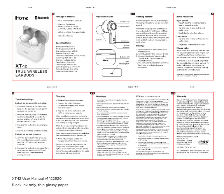 Ihome XT-12 Ear Buds Manual | PDF