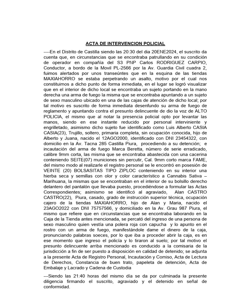 Acta de Intervencion Policial | PDF