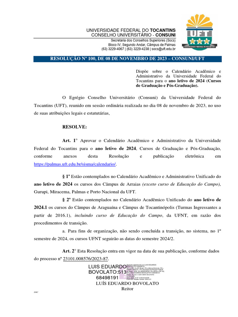 Calendário Acadêmico UFT 2024 | PDF | Pós-graduação | Universidades e ...