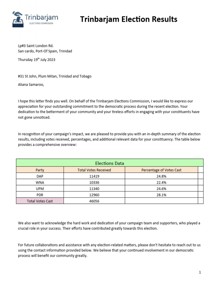National Elections Results (Document 2 of IT Sba) | PDF | Trinidad And ...