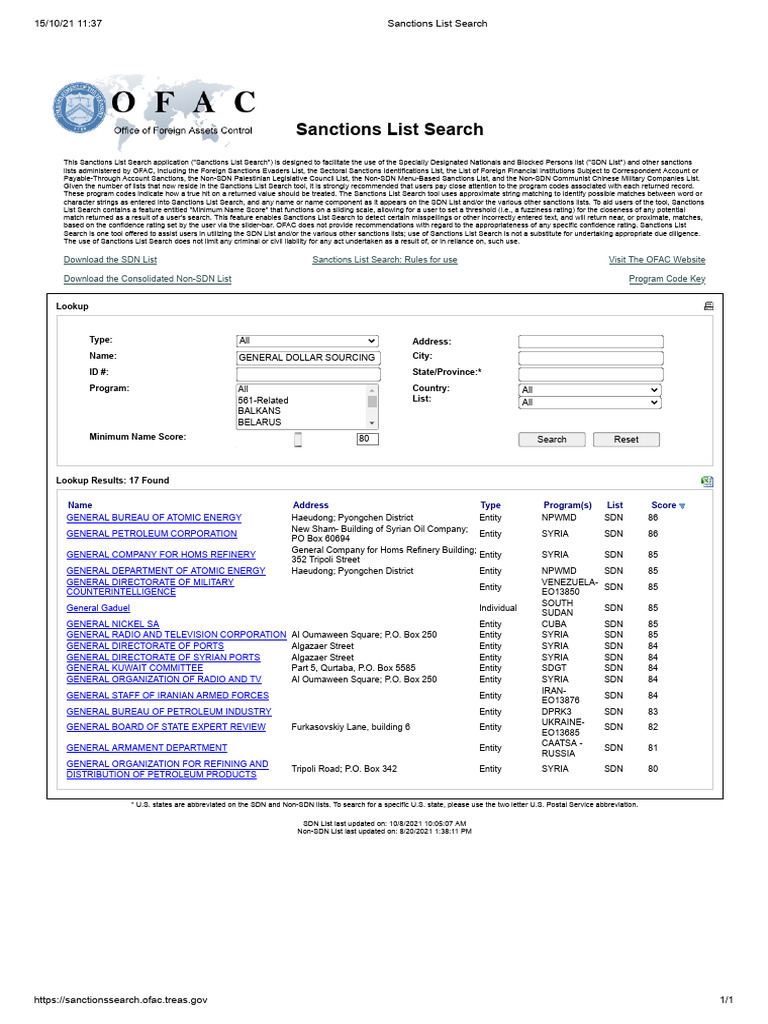 Sanctions List Search - GENERAL DOLLAR SOURCING INC | PDF | Office Of ...