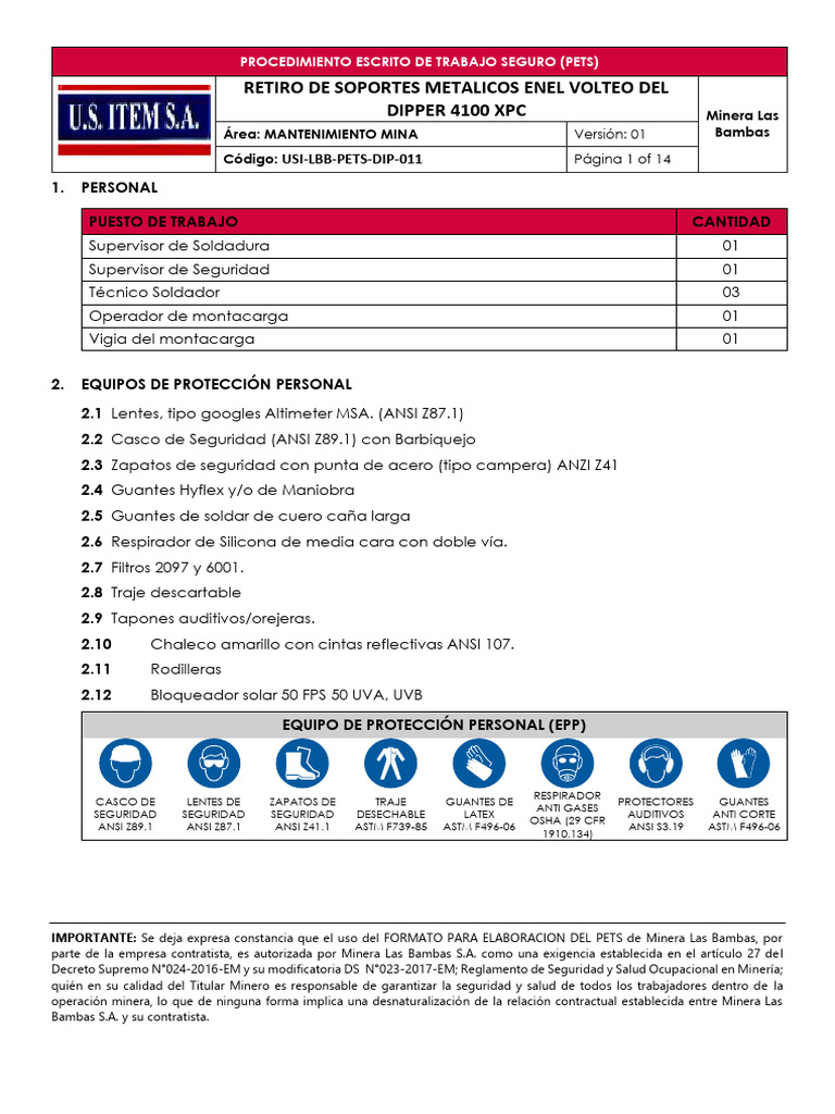PETS: Retiro Soportes Metálicos Dipper 4100 | PDF | Minería | Seguridad ...