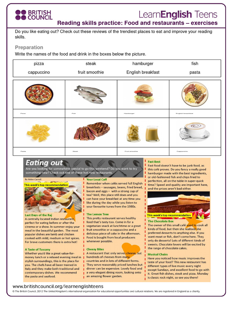 Food And Restaurants Exercises 1 Pdf Restaurants Italian Cuisine