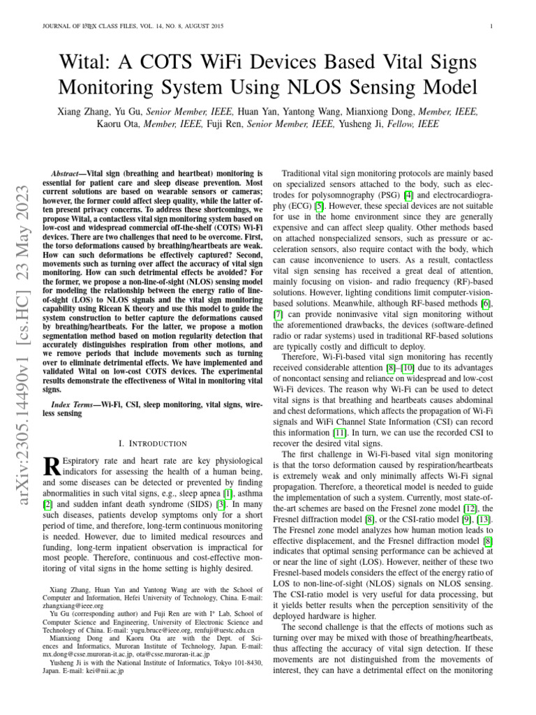 Wital: A Cots Wifi Devices Based Vital Signs Monitoring System Using Nlos Sensing Model | PDF ...