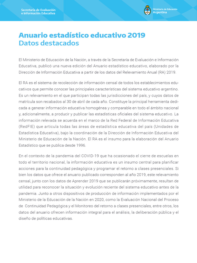 Anuario Estadistico Educativo 2019. Datos Destacados 0 | Descargar ...