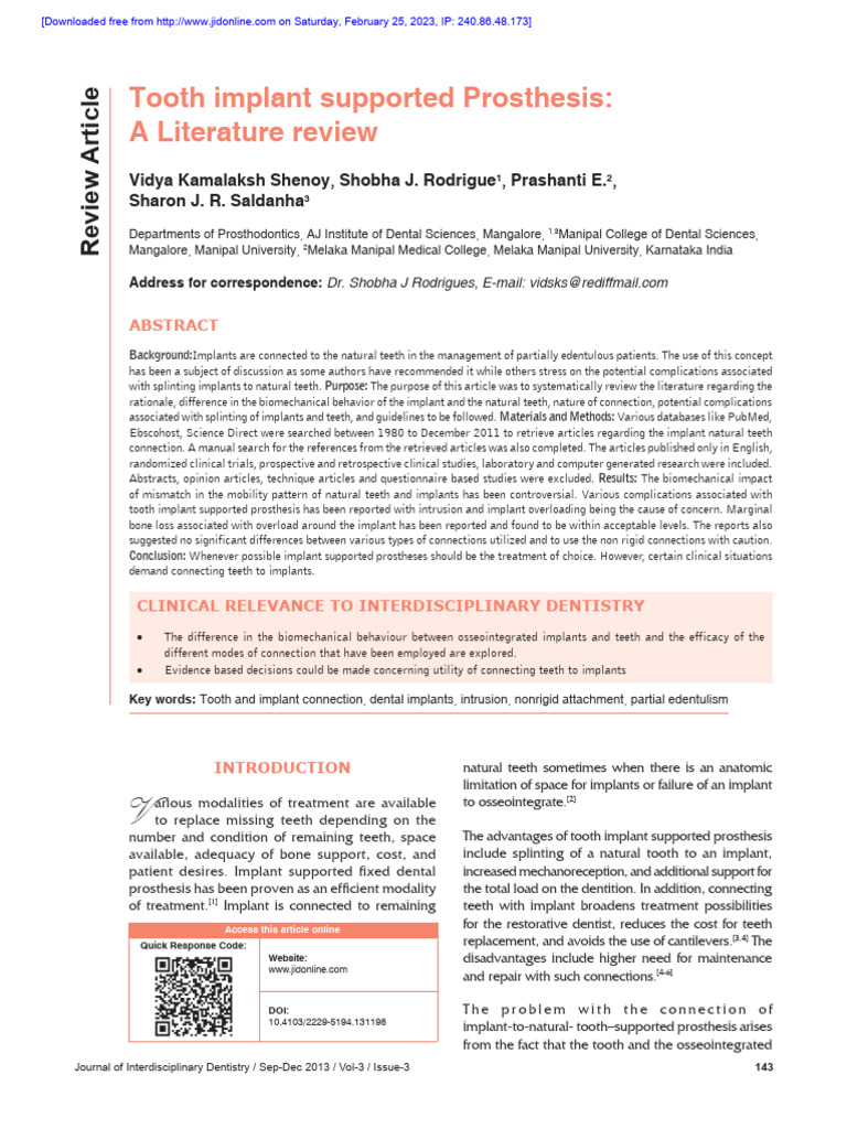 Tooth Implant Supported Prosthesis - A Literature Review | PDF | Dental ...