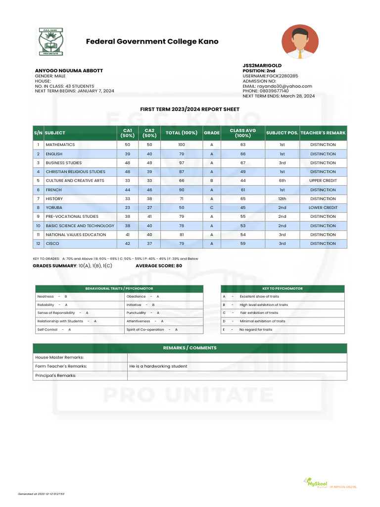 Anyogo NguumaJSS2MARIGOLD First Term 2023 2024 ReportCard | PDF