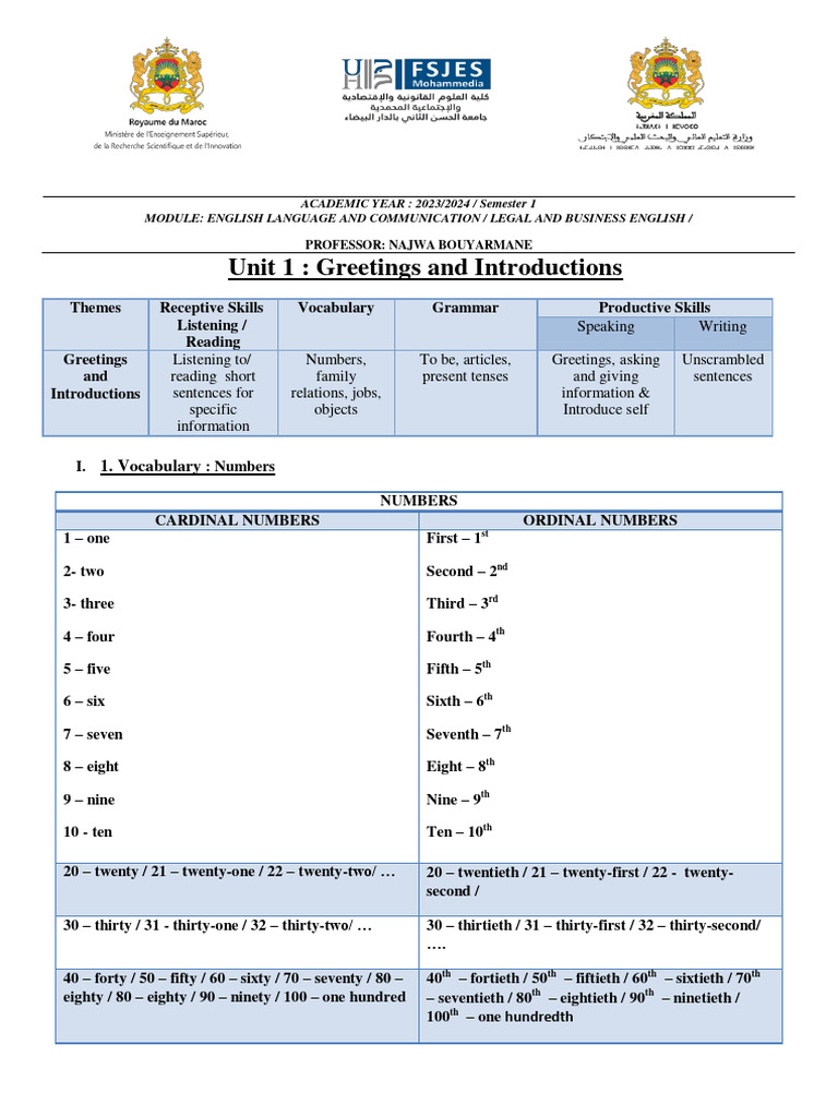 Unit 1 Greetings and Introductions | PDF | Noun | English Language Unit 1 Greetings and Introductions | PDF | Noun | English Language