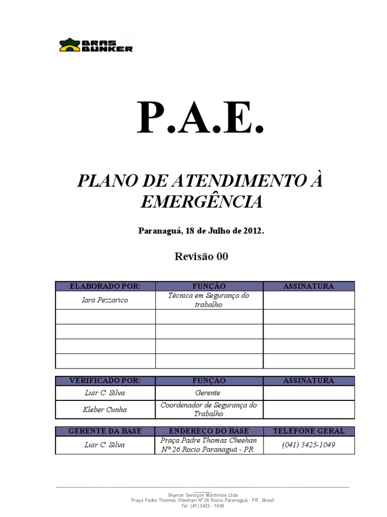 PAE - PLANO DE ATENDIMENTO A EMERGÊNCIA - PGUÁ