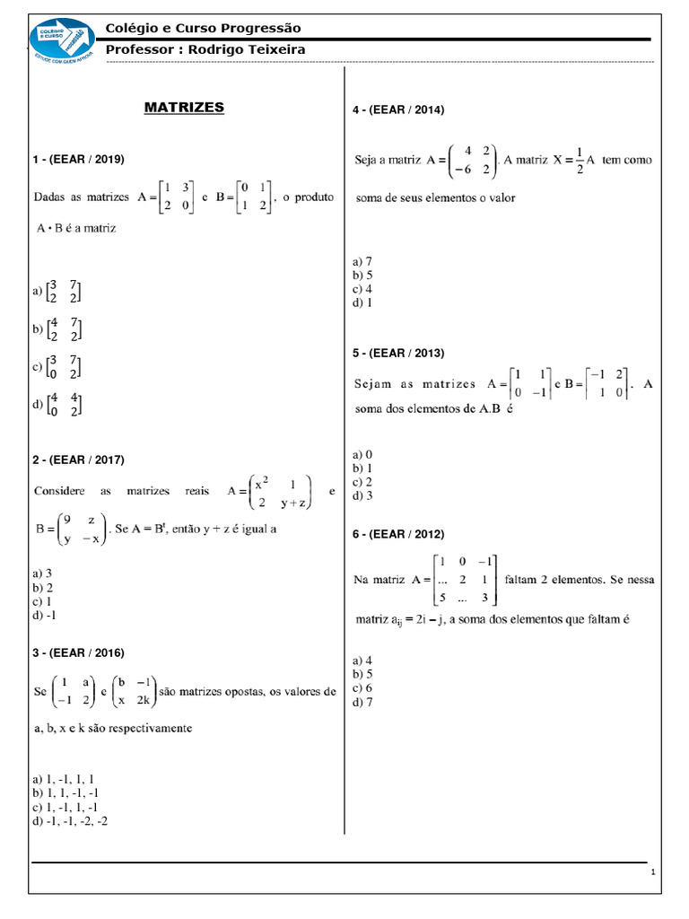 Lista Eear - Essa Matrizes | PDF | Matriz (Matemática) | Determinante