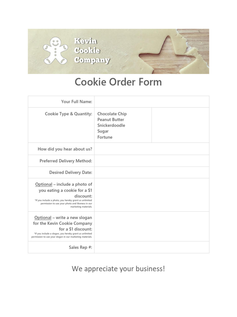 Kevin Cookie Company Order Form | PDF