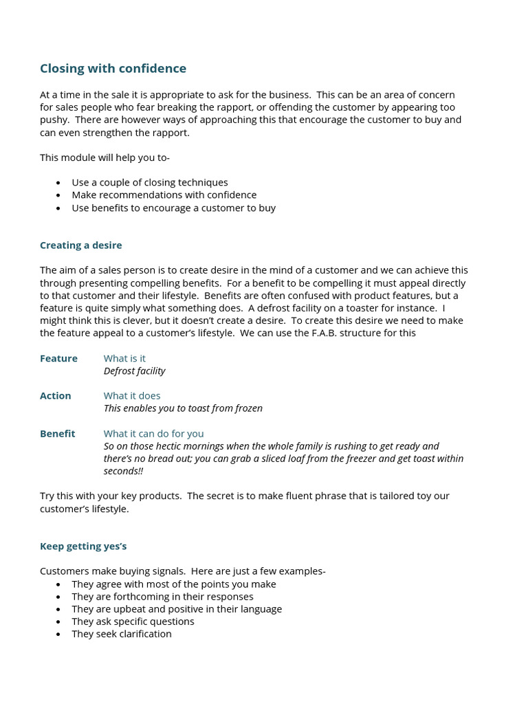 Training Cheat Sheet Closing Techniques 220531 | PDF | Human Communication