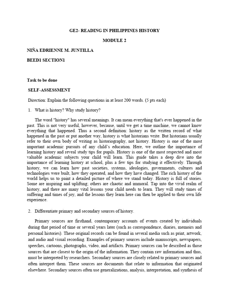 GE2 - READING IN PHILIPPINES HISTORY Answer | PDF | Primary Sources ...