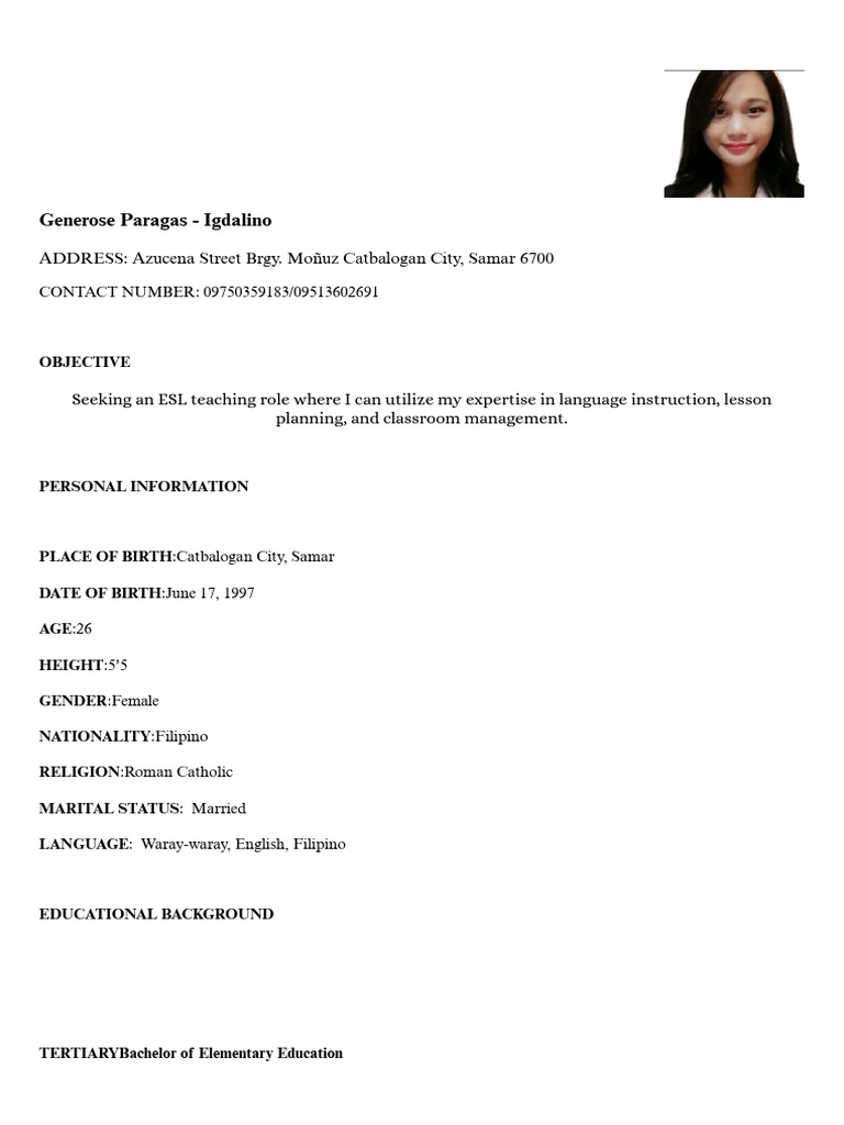 ESL Teacher Application - Generose Paragas | PDF