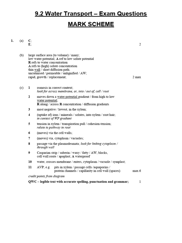 9.2 Exam Questions - Mark Scheme | PDF | Cell Wall | Cell Membrane