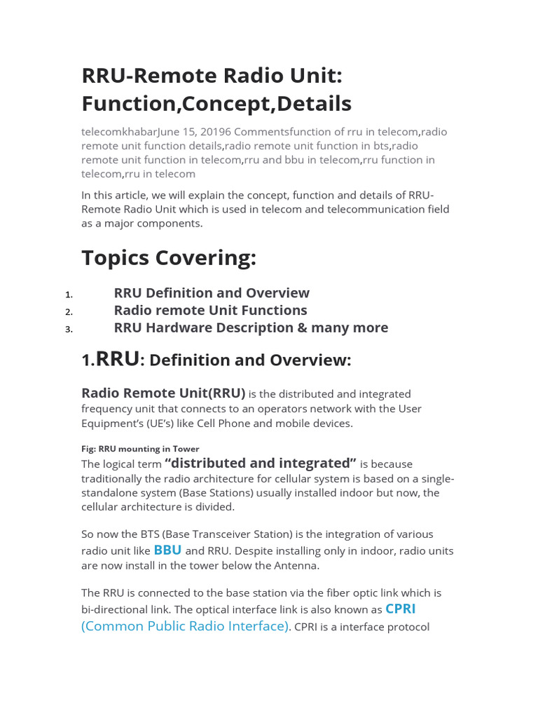 RRU-Remote Radio Unit: Function, Concept, Details: 1.: Definition and Overview | PDF ...