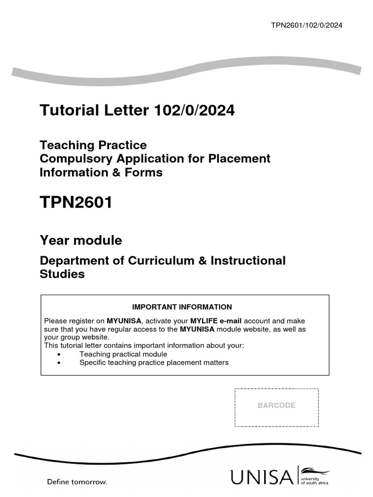 Tutorial Letter 102/0/2024: Teaching Practice Compulsory Application For Placement Information ...