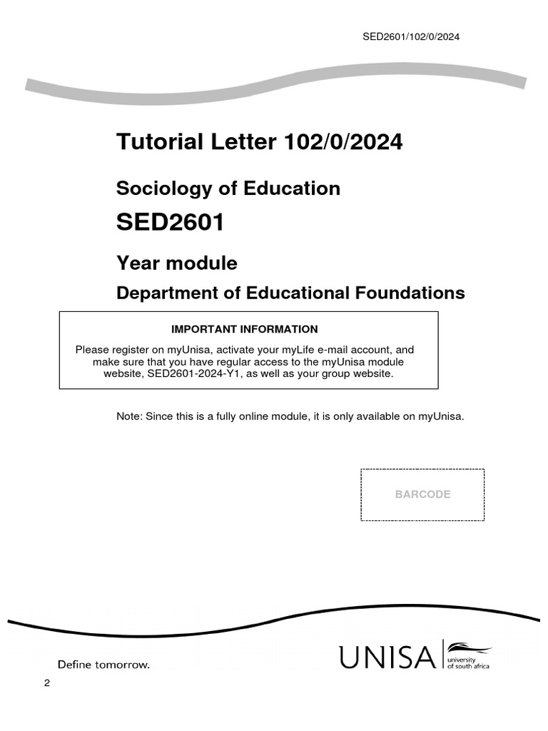 Tutorial Letter 102/0/2024: Sociology of Education | PDF | Theory | Teachers
