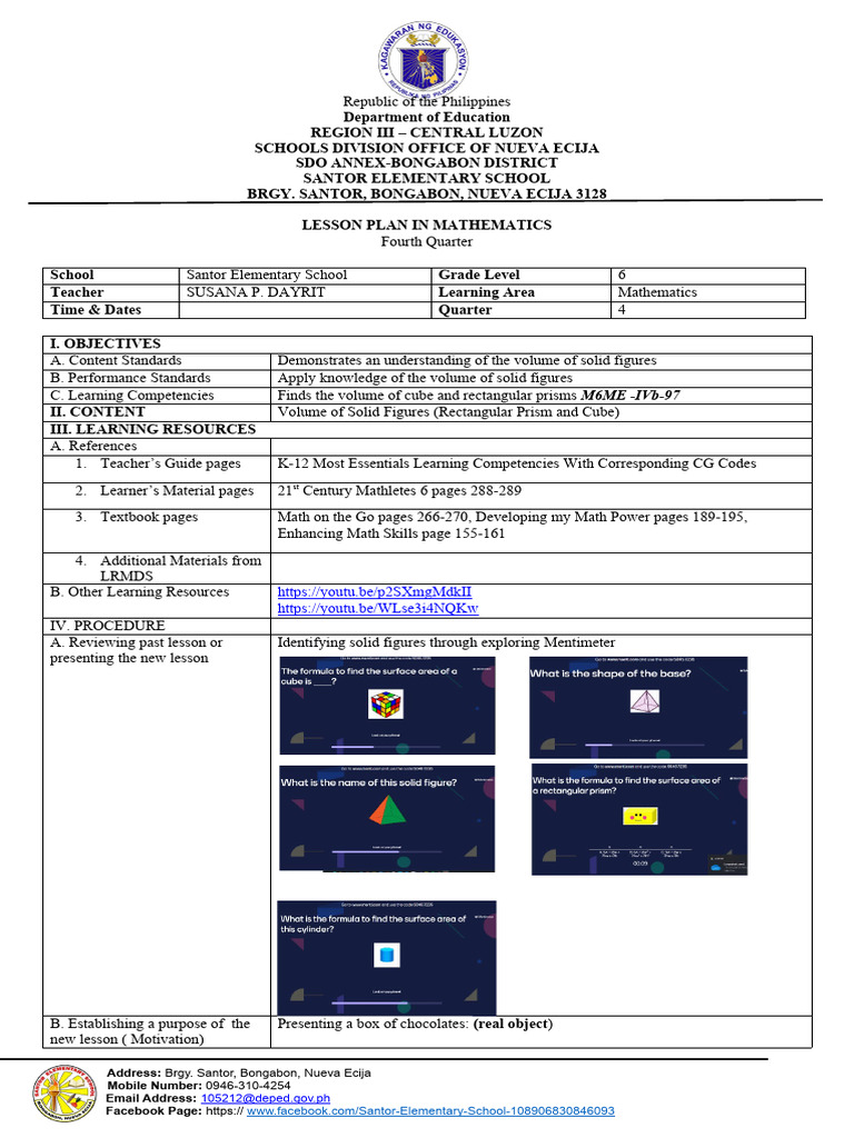 Q4 Math Cot LP Sy 2022 2023 | PDF | Learning | Volume