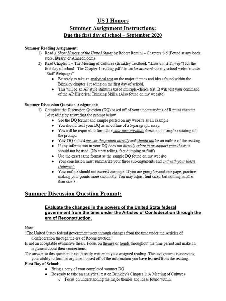 Summer Assignment Instructions Us I Honors 2020 Pdf 8311