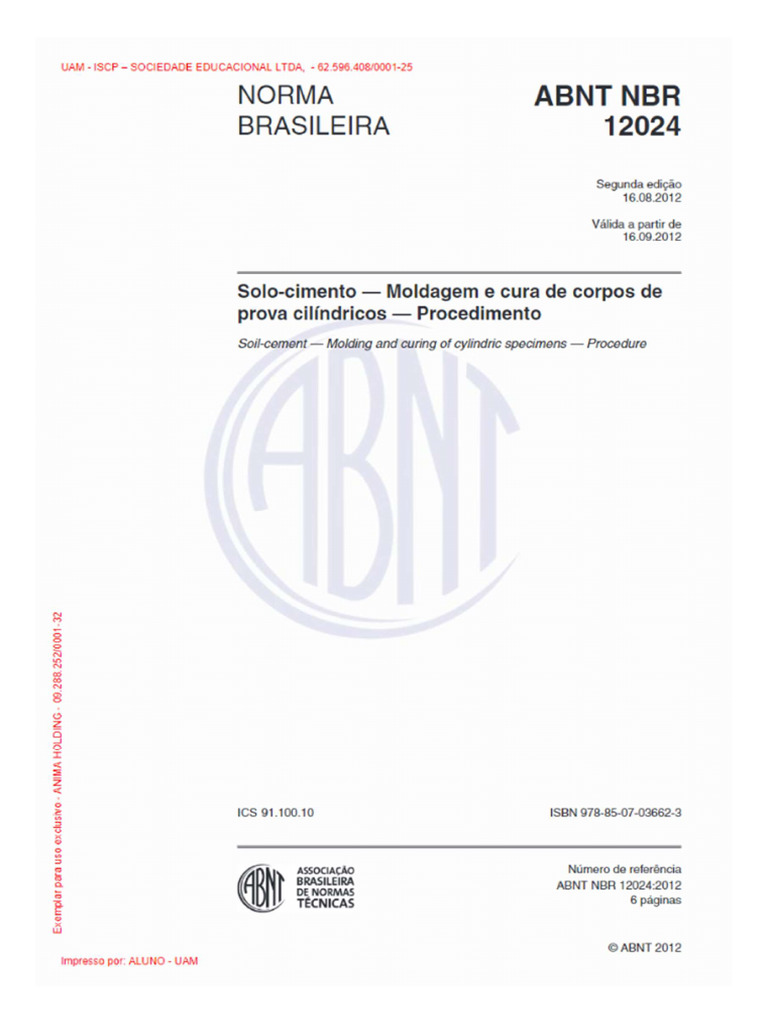 ABNT NBR 12024.2012 Solo Cimento - Moldagem e Cura de Corpos de Prova Cilindricos ...