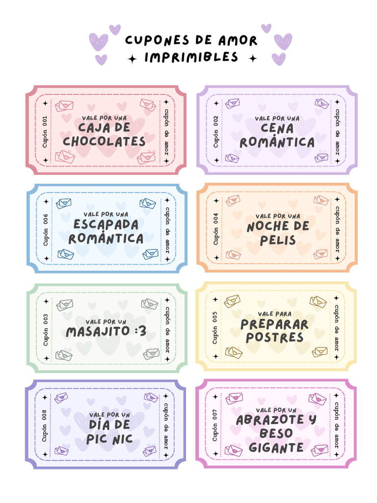 Cupón De Amor Vales Para San Valentín Cumpleaños Imprimibles Románticos