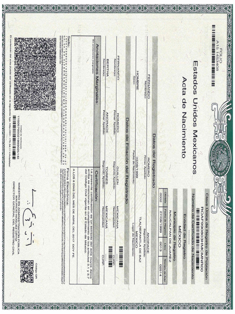 Acta Nacimiento Estado de Mexico | PDF